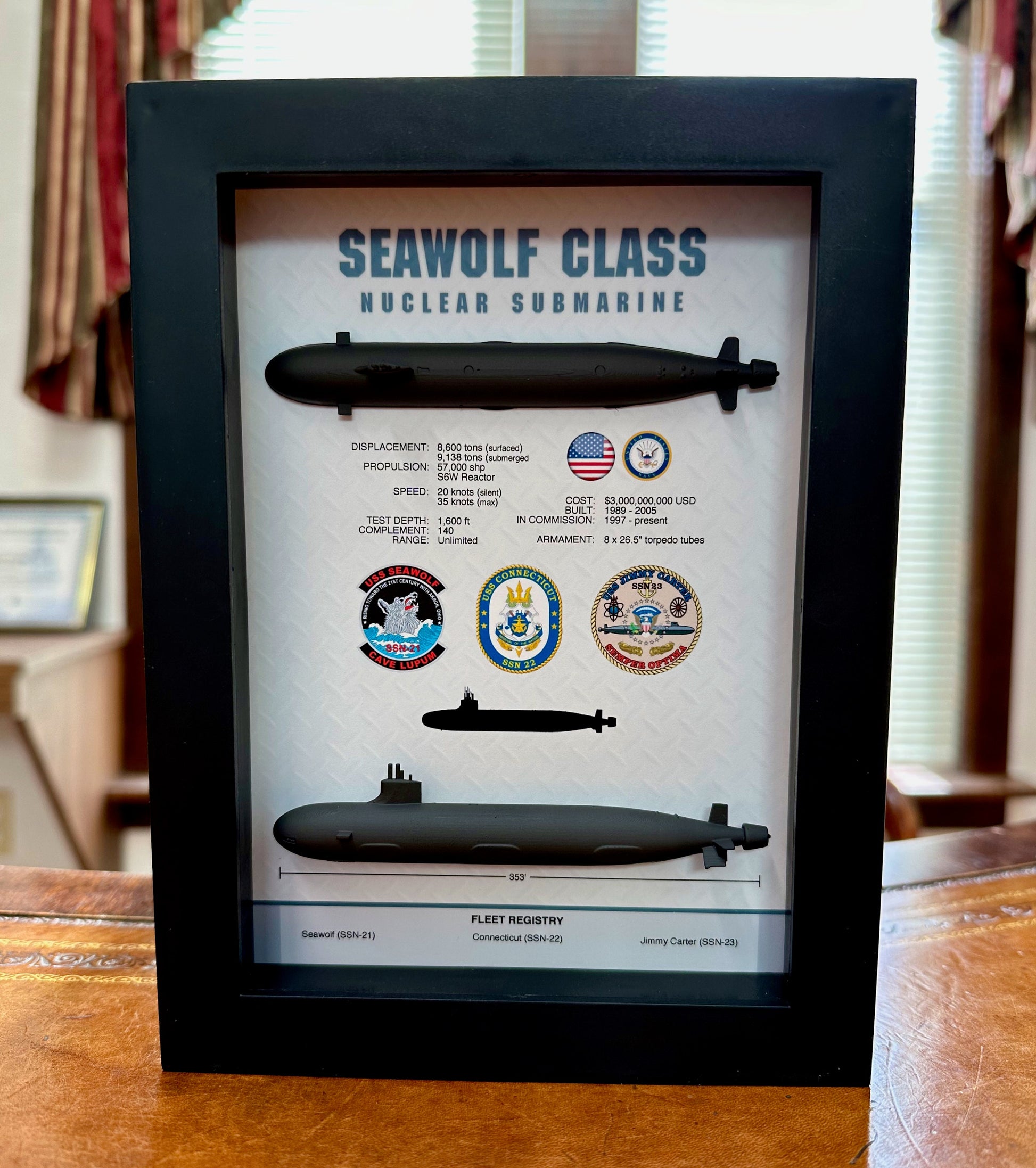 Seawolf Class Submarine Memorial Display Shadow Box, 6" x 8", Black ...