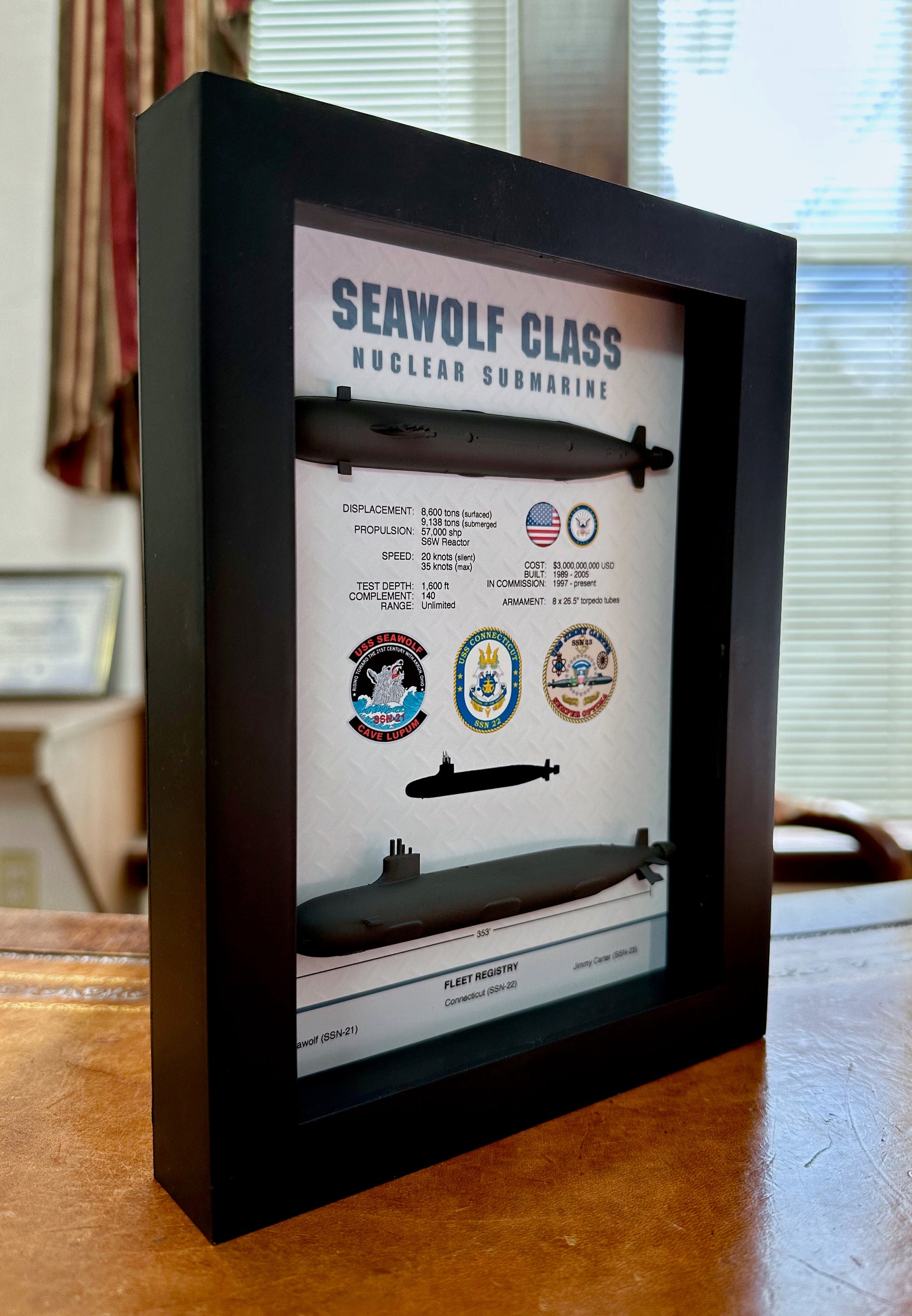 Seawolf Class Submarine Memorial Display Shadow Box, 6" x 8", Black ...