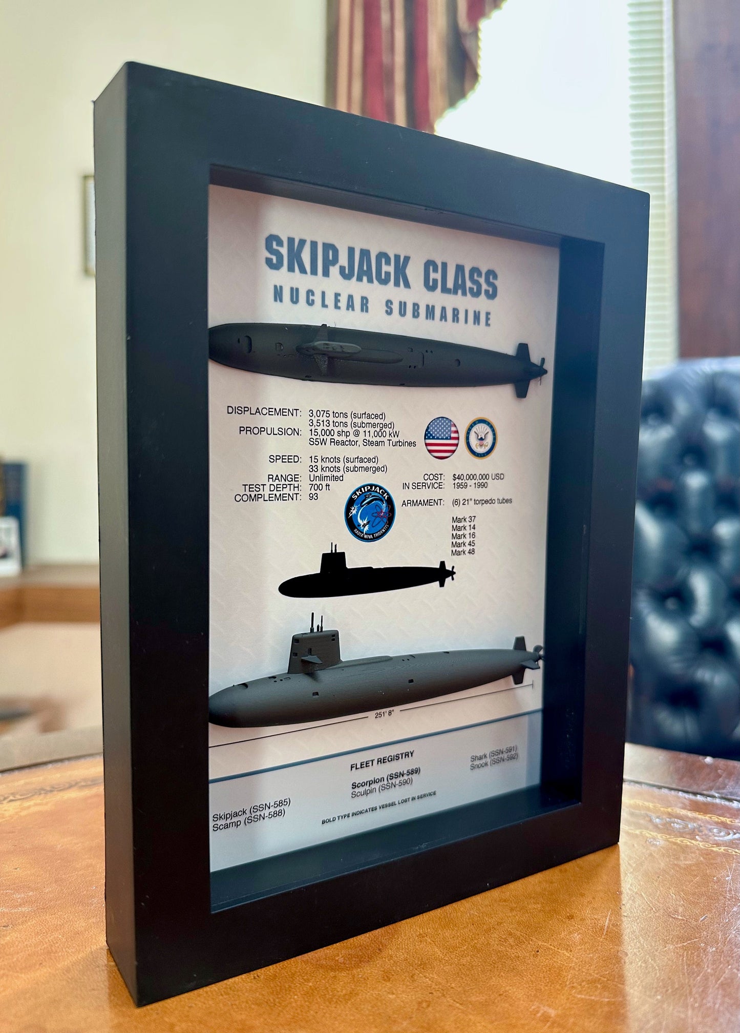 Skipjack Class Submarine Memorial Display Shadow Box, 6" x 8", Black ...