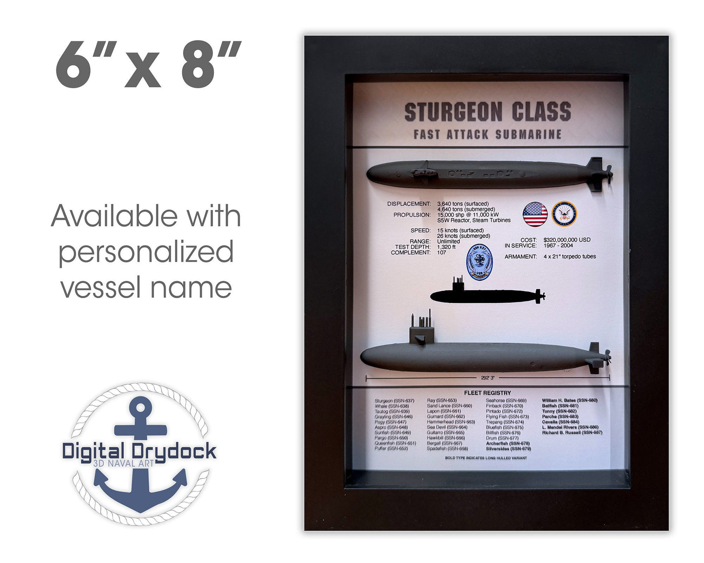 Sturgeon Class Submarine Memorial Display Shadow Box, 6" x 8", Black ...